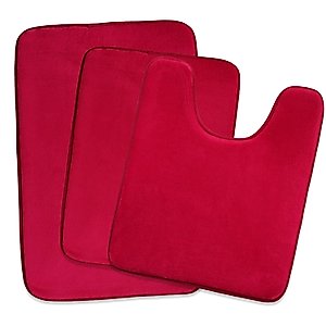 AINAHYVA Christmas Memory Foam Bath Mat Rug 3 Piece Set, Super Absorbent, Strong PVC Non Slip Backing, Bath mats for Bathroom, Plush Shaggy, Thick, Machine Washable, Bathtub, Shower, Toilet, Red
