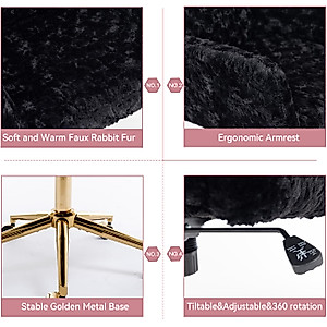 Faux Fur Desk chair Vanity Makeup Chair, Comfy Fluffy Swivel Home Office Chiar with Wheels, Height Adjustable Comfy Fluffy Desk Chair for Teens Girls Women, Easy Movable (Black-rabbit fur, Gold Base)