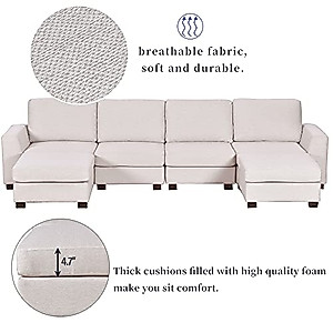 Eafurn Convertible Modular Sectional Double Extra Wide Chaise, 130.7" U Shaped Corner Movable Ottoman,6 Seater Oversized Upholstery Sofa & Couches Living Room Furniture, Beige