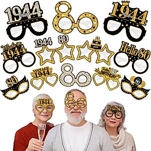 Turypaty 24Pcs 1944 80th Birthday Paper Glasses Decorations for Men Women - Black Gold Happy 80th Birthday Paper Eyeglasses Photo Props, Vintage 1944 Eighty Years Old Birthday Party Supplies