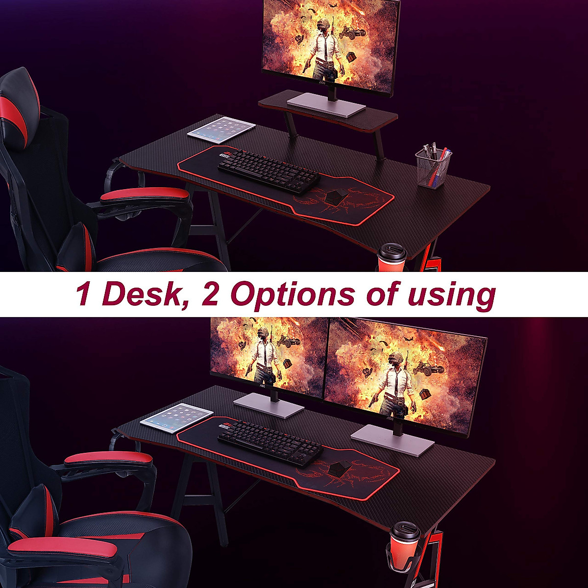 AuAg 44 inch Gaming Desk with Monitor Shelf PC Desk, A-Shaped Gaming Table Home Office Computer Desk Modern Ergonomic Racing Style Gamer Workstation with Cup Holder and Headphone Hook (44")