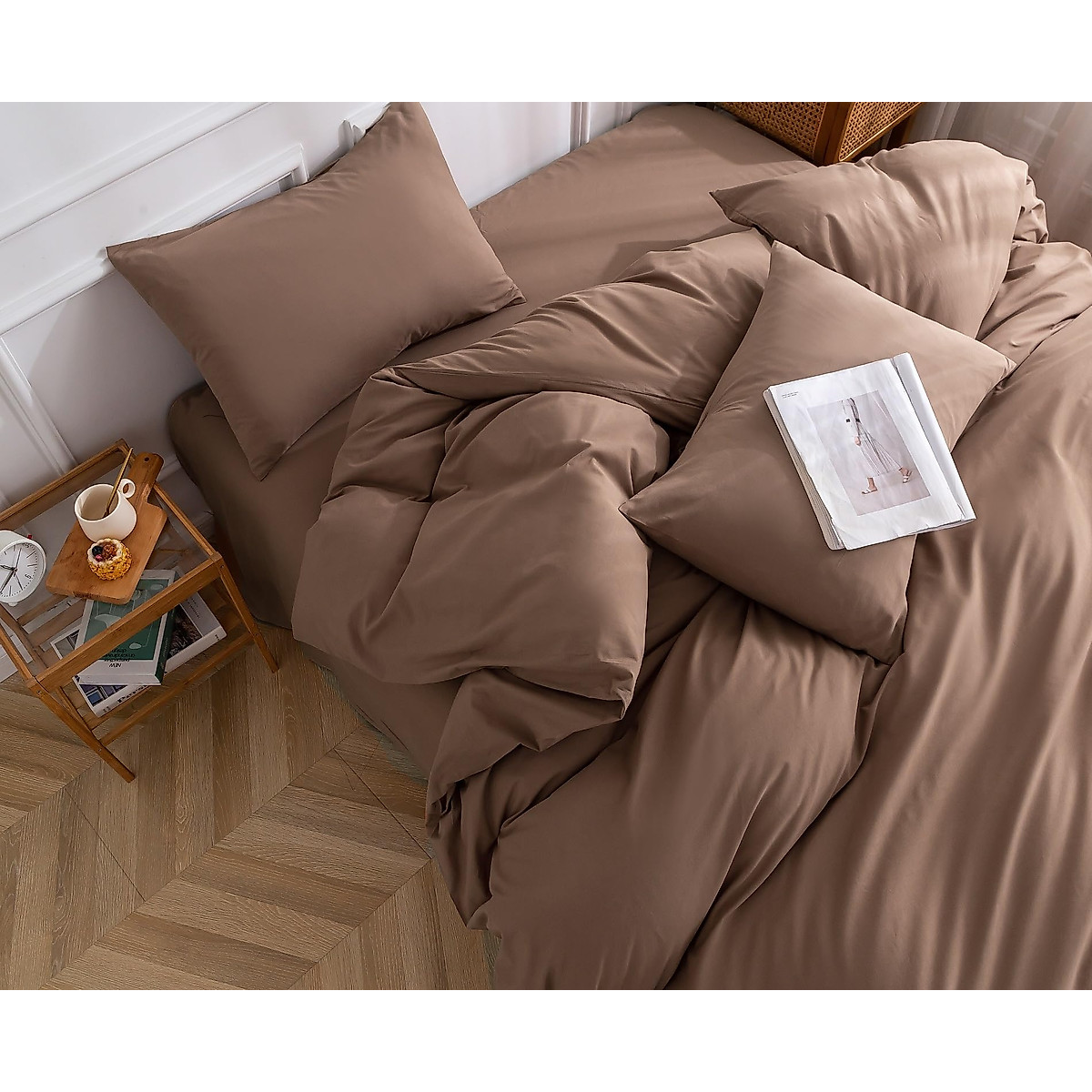 TazmKezm Mocha Duvet Cover 100% Washed Cotton Duvet Cover Set, 3 PCs Breathable Soft Bedding Set Linen Textured. Solid Color Pattern Duvet Cover Full Size (80x90 Inch)