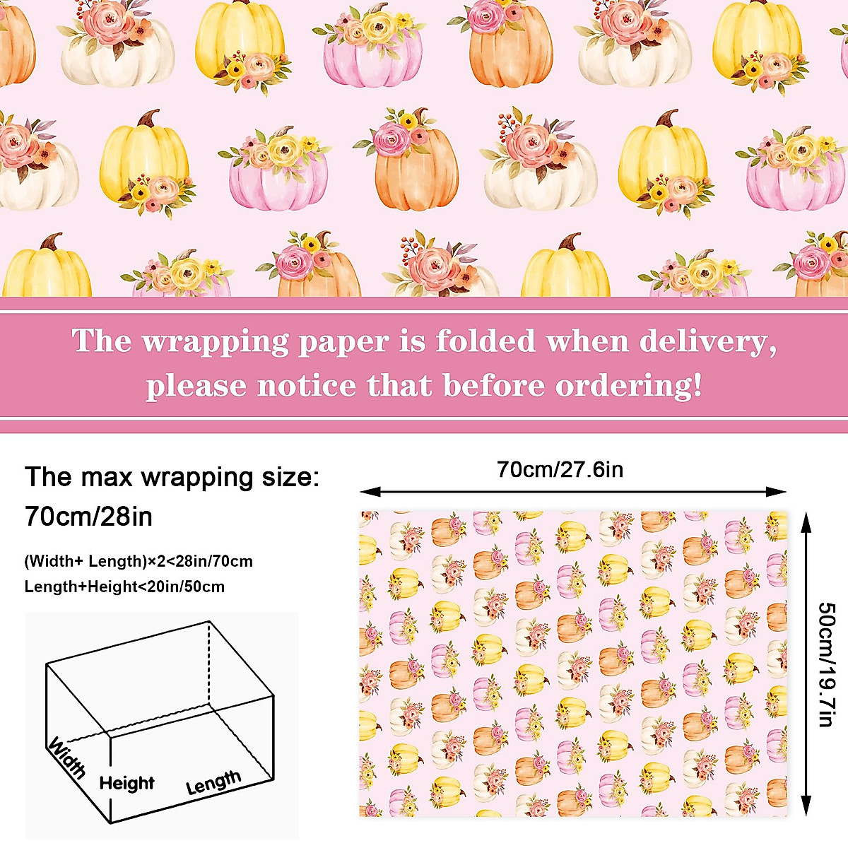 Whaline 12 Sheet Fall Wrapping Paper -Not Roll- Pink Truck Pumpkin Plaid Maple Leaf Gift Wrap Paper Bulk Autumn Harvest Art Paper for DIY Crafts, 19.7 x 27.6 Inch, Folded Flat