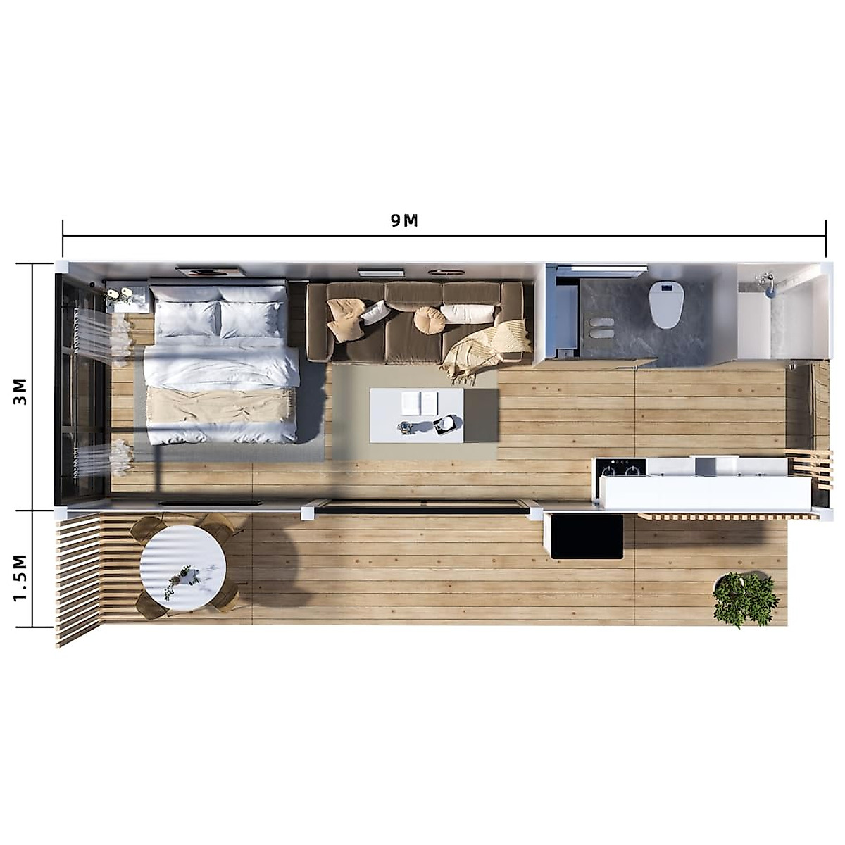Generic Smart Portable Prefabricated Capsule Compact House Home with Deck with Balcony Spacious Bedroom.Smart Door Entry, Smart washroom Sunroof Solar Option, white