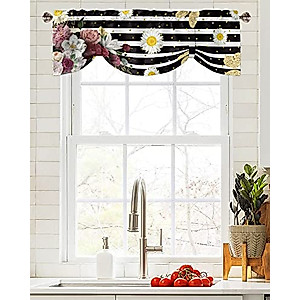 Tie Up Valance Curtains Blooming Flowers Gold Butterfly Gardon Kitchen Cafe Valances for Windows,Rod Pocket Adjustable Balloon Window Shades for Living Room Bathroom Black White Stripe,1 Panel