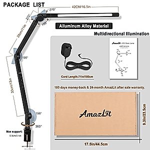 AmazLit Desk Lamp with Clamp, Eye-Care Swing Arm Desk Lamp, Stepless Dimming & Adjustable Color Temperature Modern Architect Lamp with Memory & Timing Function for Study, Work, Home, Office, 10W