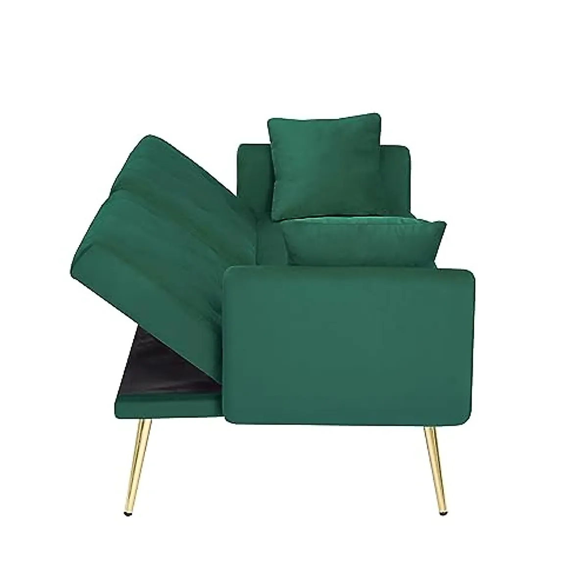 Eafurn Convertible Futon Sofa Bed with 2 Cup Holders, Modern Velvet Split-Back Folding Loveseat Sleeper Couches w/Adjustable Tufted Backrest,Square Armrest Sofabed, Dark Green 72.4" with 2 Pillows