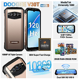 DOOGEE V30T 5G Unlocked Smartphone, 6.58-Inch FHD+ 120Hz Display, 108MP Flagship Camera, 20GB RAM, 256GB Storage, 10800mAh Battery, Rugged Gold