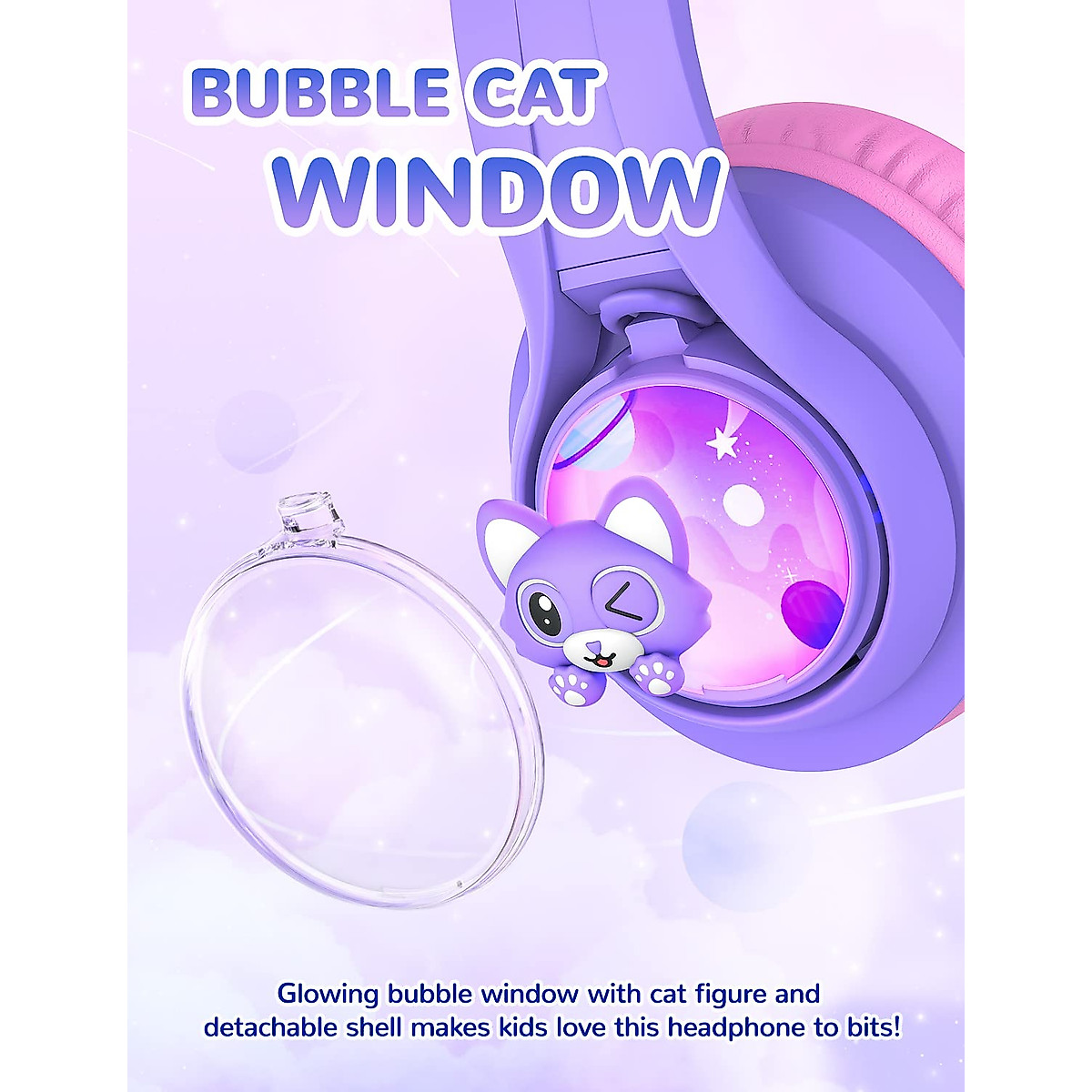 iClever Kids Bluetooth Headphones, Cat Ear Wireless Headphones LED Lights Up, 74/85/94dBA Volume Limited, 45H Playtime, Kids Headphones with Portable Bag for Travel iPad Tablets, Meow Jelly-Purple