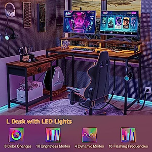 Furologee L Shaped Computer Desk and 5-Tier Bookshelf, Corner Gaming Desk with LED Lights & Power Outlets, Tall Bookcase with 2 Drawers for Living Room, Home Office, Bedroom, Rustic Brown