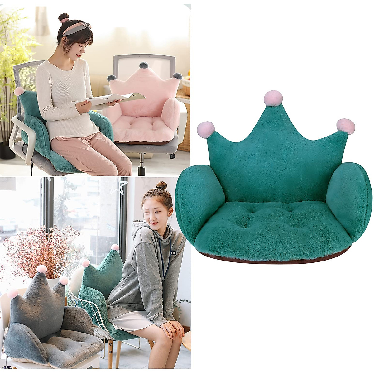 Fluffy Crown Armchair Cushion Semi-Enclosed Chair Backrest Cute Office Pads Warm Desk Seat for Women Girl Soft Floor Sofa Non-Slip Sitting Mat Plush Home Lumbar Waist Back Support Pad, Green
