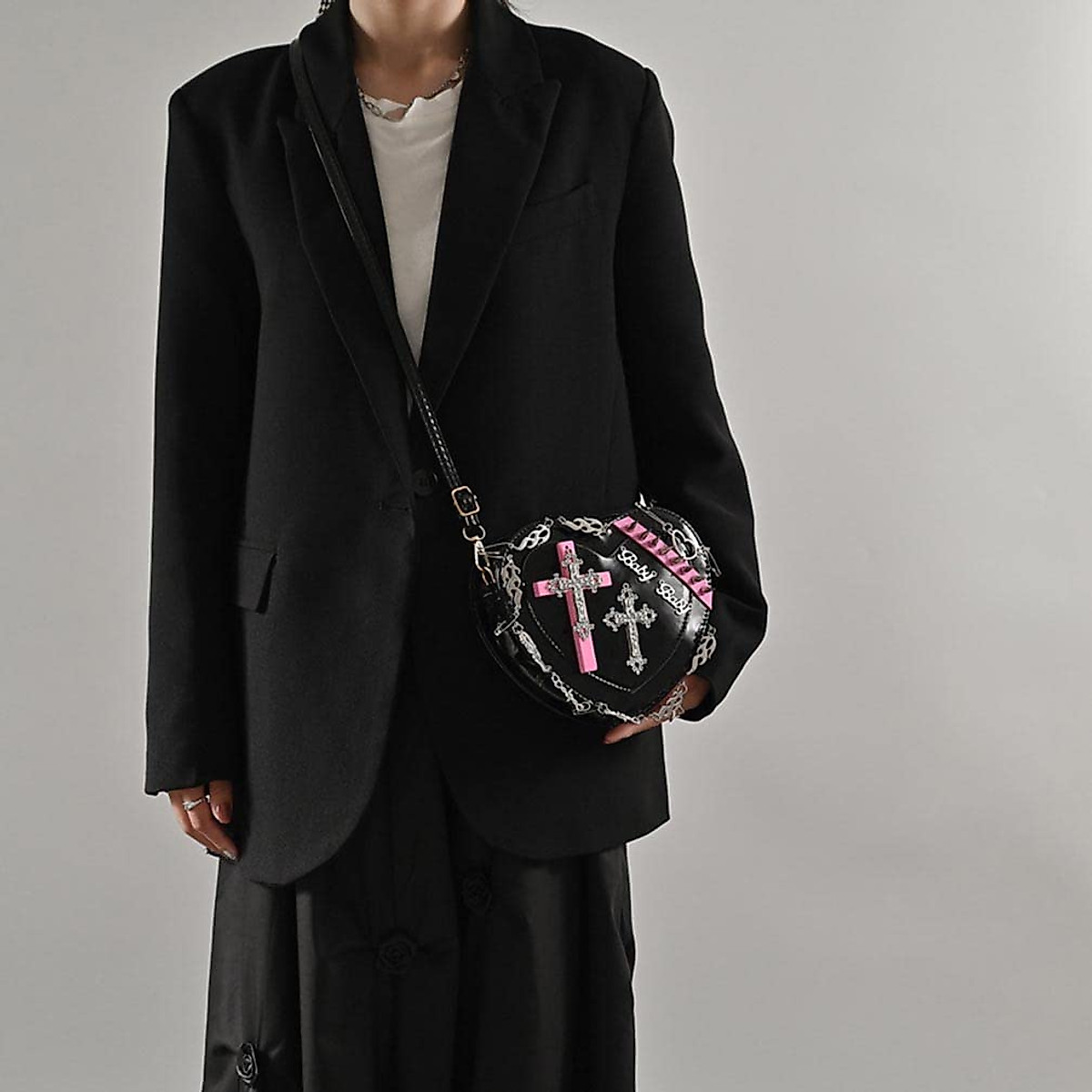 Punk Gothic Heart Shape Purse Chain Crossbody Handbag Studded Fashion Halloween Accessories Studded Shoulder Bag