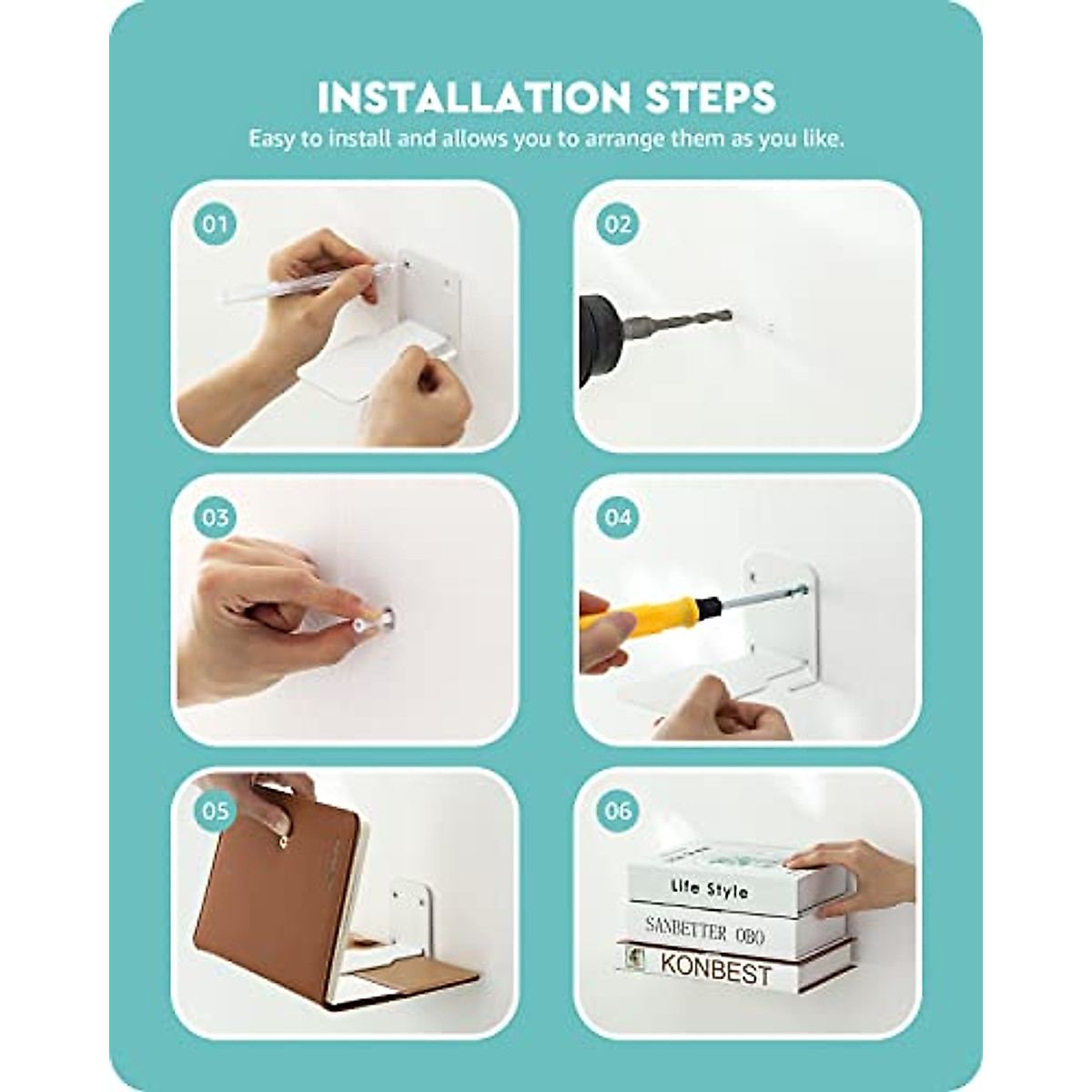 Baffect Invisible Floating Bookshelves, Set of 4 Concealed Drilling Mounted Bookshelves, Heavy-Duty Metal Book Organizers for Bedroom (White)