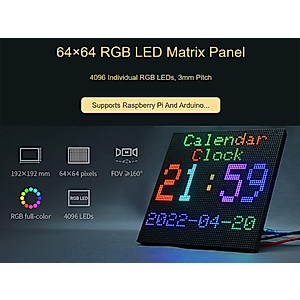 Waveshare RGB Full-Color LED Matrix Panel 3mm Pitch 64×64 Pixels 4096 Individual RGB LEDs Adjustable Brightness Compatible with Raspberry Pi