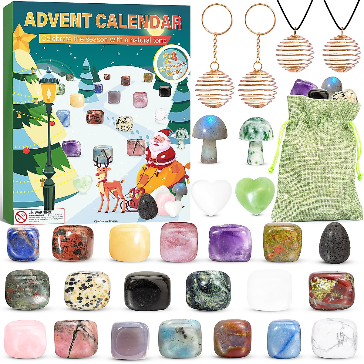 Advent Calendar 2023 Crystals for Kids with 24 Days Christmas Countdown Surprises, Natural Mineral & Rock Stone for Learning, Collection, Scientific Gift for Girls & Boys & Geology Enthusiasts
