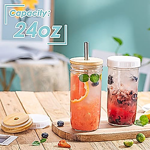 Facilfeliz 6 Pack Bubble Tea Cup, 24oz Iced Coffee Cups, Mason Jar with Bamboo Lids & Straws & 6 Airtight Lids, Reusable Wide Mouth Smoothie Boba Cup, Clean Brush, Glass Cups, Travel Drinking Bottle
