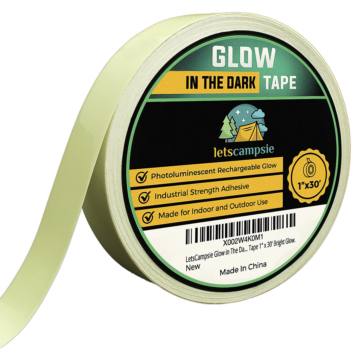 LetsCampsie Glow in The Dark Tape – 30ft x 1inch – Premium Industrial Grade Interior and Exterior Luminous Glow Tape to Help See Objects at Night and Outdoors