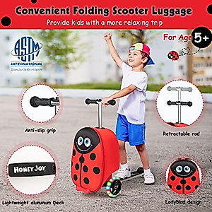 HONEY JOY Kids Scooter Suitcase, 18” Children Carry on Scooter Luggage w/Light-up LED Wheels, Waterproof Shell & Retractable Handle, Lightweight Foldable Ride on Suitcase for Kids Boys Girls(Red)