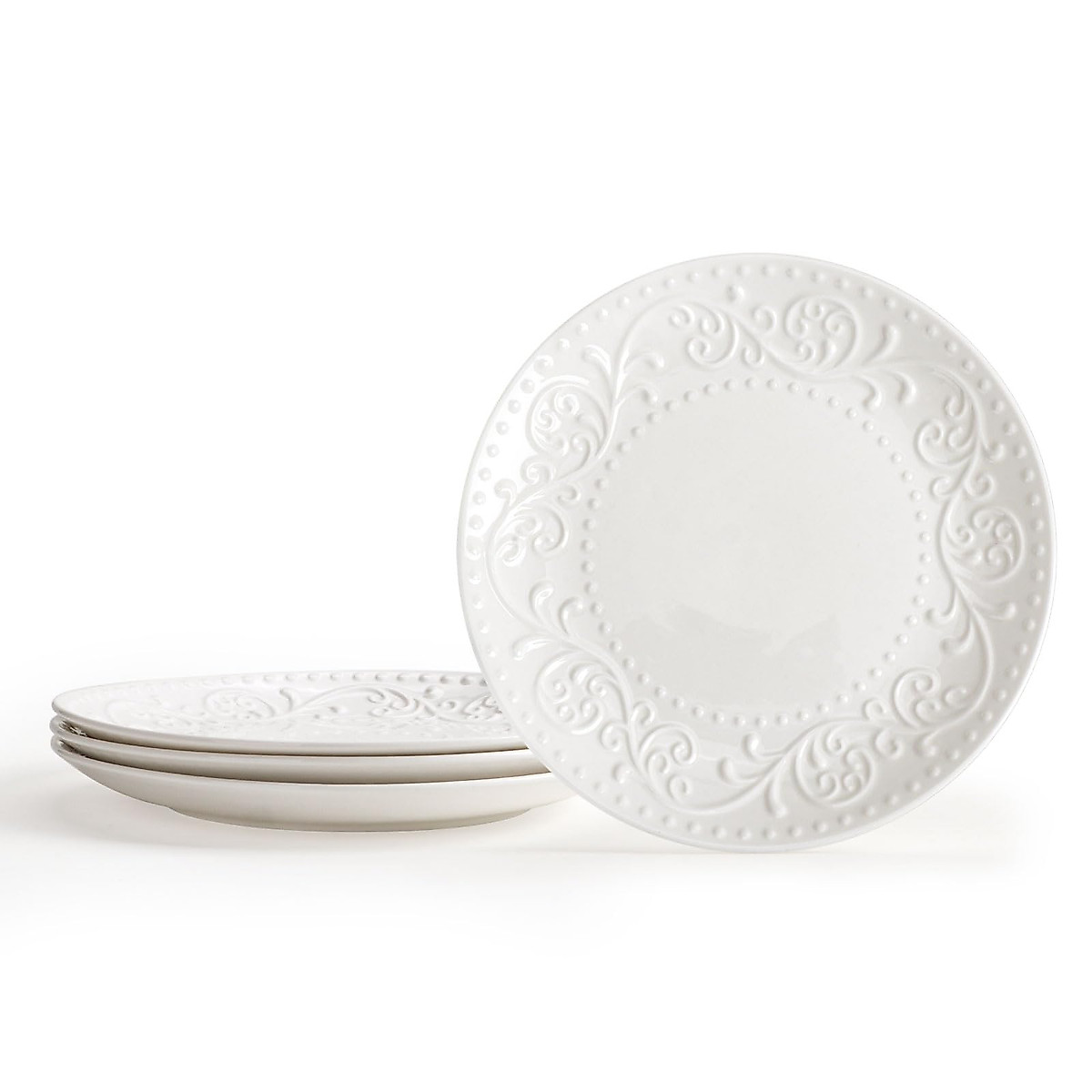 Artena Embossed Ceramic Salad Plates, White Dinner Plates 8.25 inch, Kitchen Plates Set of 4, Pasta Plate for Appetizer, Dessert, Serving Dishes for Entertaining, Party, Microwave/Oven/Dishwasher Safe