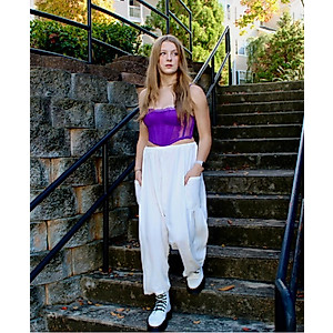 TARSE Womens Linen Wide Leg Pants Casual Loose Drawstring Low Waist Beach Palazzo Harem Pants with Pockets(White,XL)