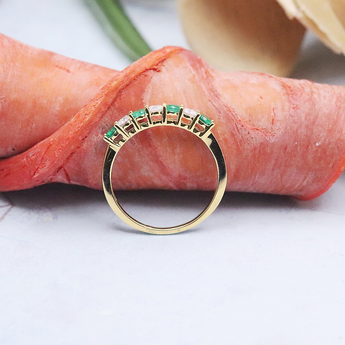 Dazzlingrock Collection 2.5mm Alternate Round Emerald & White Diamond 7 Stone Wedding Band for Women in 14K Yellow Gold, Size 6