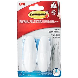 Command Designer Bath Hooks, Medium, White, 2-Hooks with Water-Resistant Strips (17081B-ES) (12 Hooks)