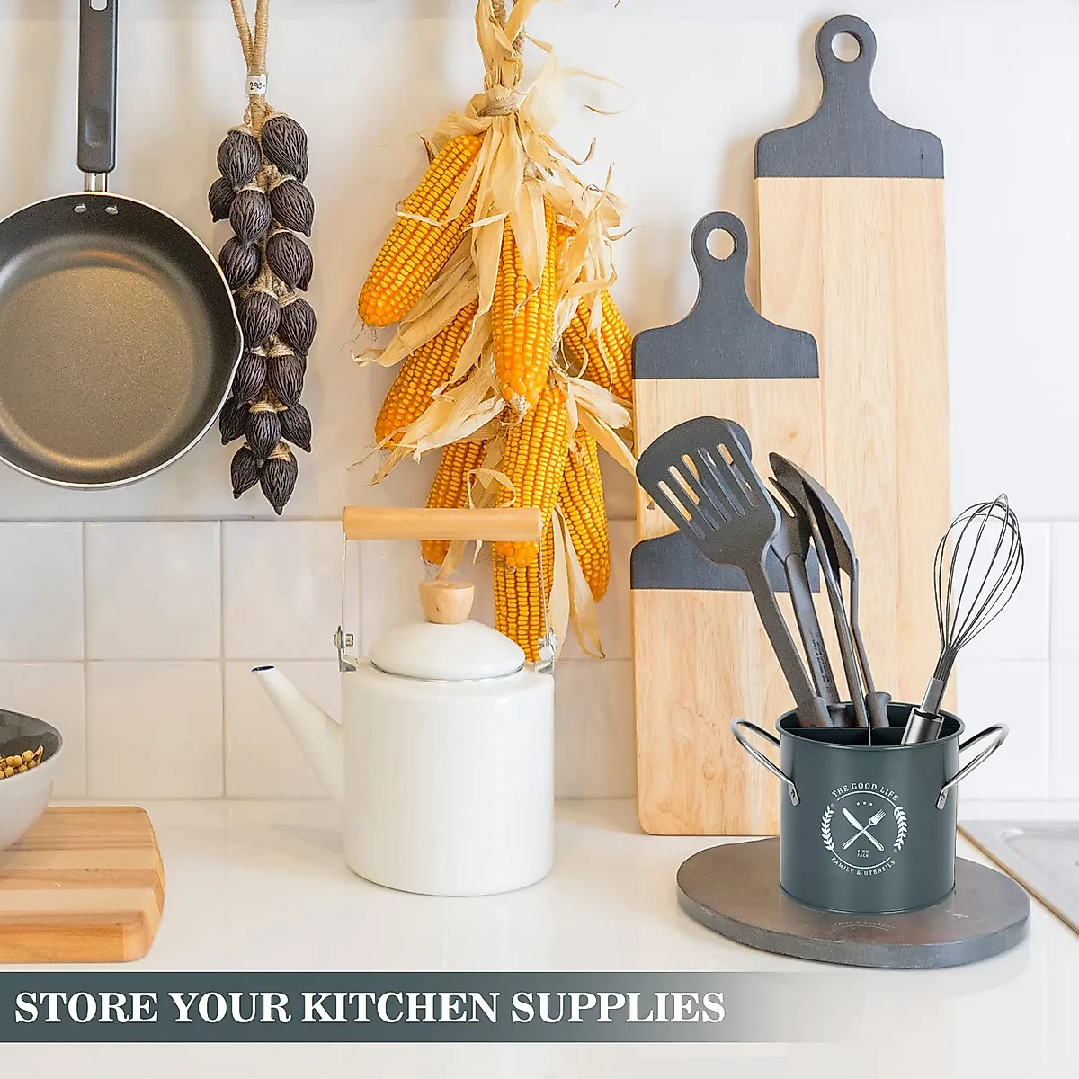 sugarchef Kitchen Utensil Holder Flatware Organizer for Forks Spoons Knives Cooking Tools,4 Compartment Cutlery Caddy Storage Bucket with Drain Hole (Gray)