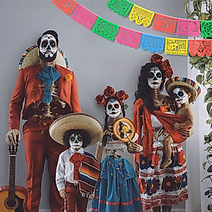 HOWAF 2 Pcs Plastic Papel Picado Mexican Fiesta Banners Day of The Dead Skull Bunting Banner Halloween Dia De Los Muertos Mexicano Banners for Cinco De Mayo Decorations Mexican Party Supplies