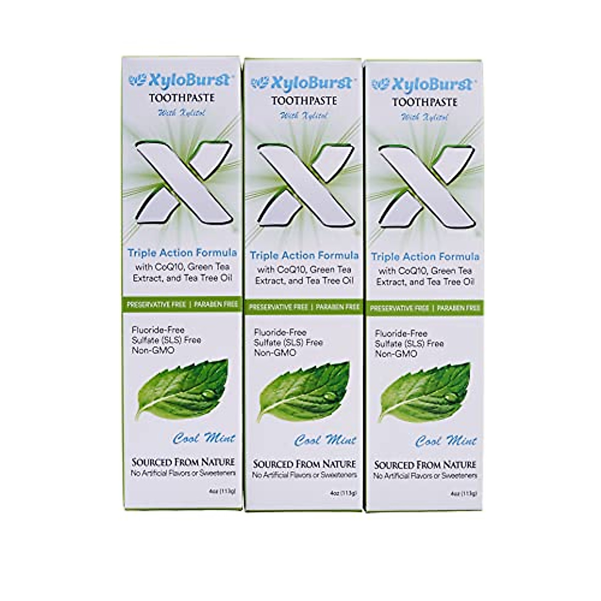 Xyloburst Natural Fluoride-Free Xylitol Premium Toothpaste with Xylitol and CoQ10 Cool Mint - SLS-Free, Paraben Free, Cruelty Free, 4 Ounce Tube Made in The USA (3 Tubes)