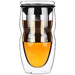 BTAT- Double Wall Glass Tea Cup With Stainless Steel Infuser, 500ml 16oz Glass, Tea Cup with Lid, Tea Infuser Cup, Tea Cup with Filter, Tea Cup with Infuser, Tea Gifts for Tea Lover, Mother's Day Gift