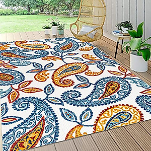 JONATHAN Y AMC102B-5 Julien Paisley High-Low Indoor Outdoor Area-Rug Bohemian Floral Easy-Cleaning High Traffic Bedroom Kitchen Backyard Patio Porch Non Shedding, 5 X 8, Orange/Blue