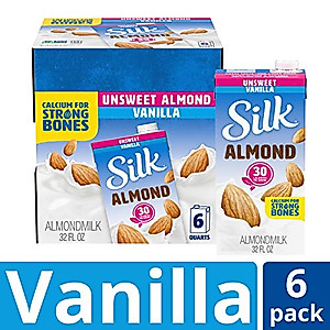 Silk Shelf-Stable Almond Milk, Unsweetened Vanilla, Dairy-Free, Vegan, Non-GMO Project Verified, 1 Quart (Pack of 6)