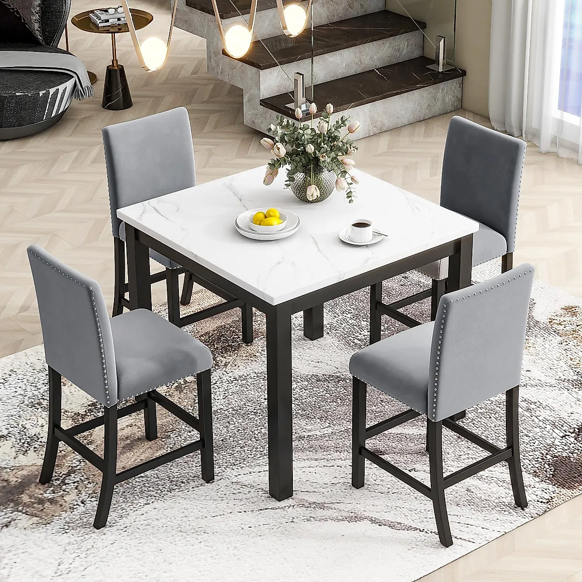 Merax Dining Table Set for 4, Counter Height Dining Table Set with Faux Marble Dining Table and 4 Upholstered-Seat Chairs, 5 Piece Dining Room Table Set for Kitchen and Living Room Furniture, Gray