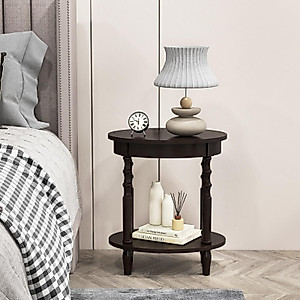 GOFLAME 2-Tier Oval End Table, Sofa Side Table with Storage Shelf, Solid Wood Legs, Modern Accent Table, Compact Nightstand for Living Room, Bedroom, Small Space, Espresso