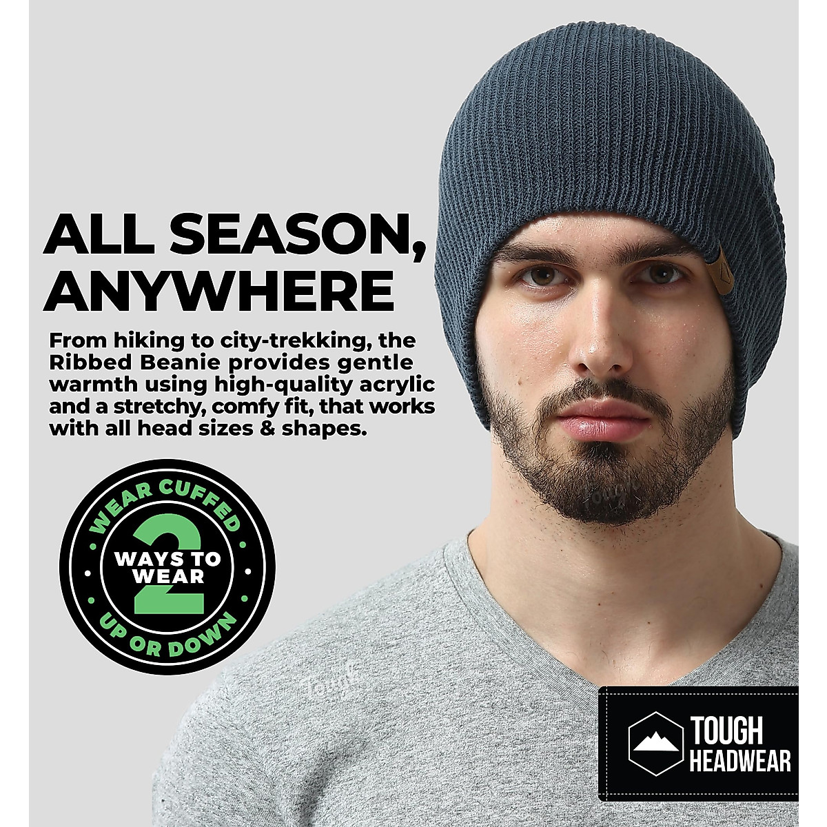 Daily Knit Ribbed Beanie by Tough Headwear - Warm, Stretchy & Soft Beanie Hats for Men & Women - Year Round Comfort - Serious Beanies for Serious Style,Dark Gray,OSFM