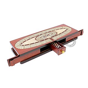 House of Cribbage - Continuous Cribbage Board/Box Inlaid in Blood Wood/Maple : 4 Track - Sliding Lids, Drawer & Metal Pegs with Score Marking Fields for Skunks, Corners and Won Games