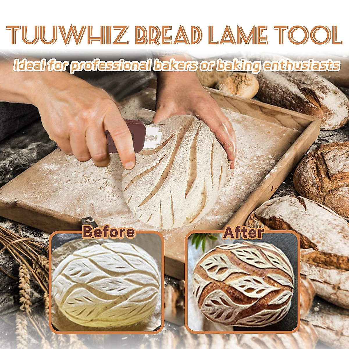 Tuuwhiz Bread Lame Dough Scoring Tool,Sourdough Bread Baking Supplies with Magnetic to Storage,Exquisite Design Bread Scorer Tool for Homemade Bread Baking Include 5 Razor Blades (Brown)