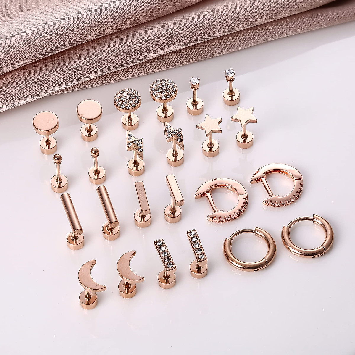 FASACCO 10Pairs Flat Back Earrings for Women Men - Hypoallergenic 14K Gold Plated Stainless Steel Flatback Stud Small Huggie Hoop Earrings 20G Tiny Gold Stud Earring Sets for Multiple PIercing Rose