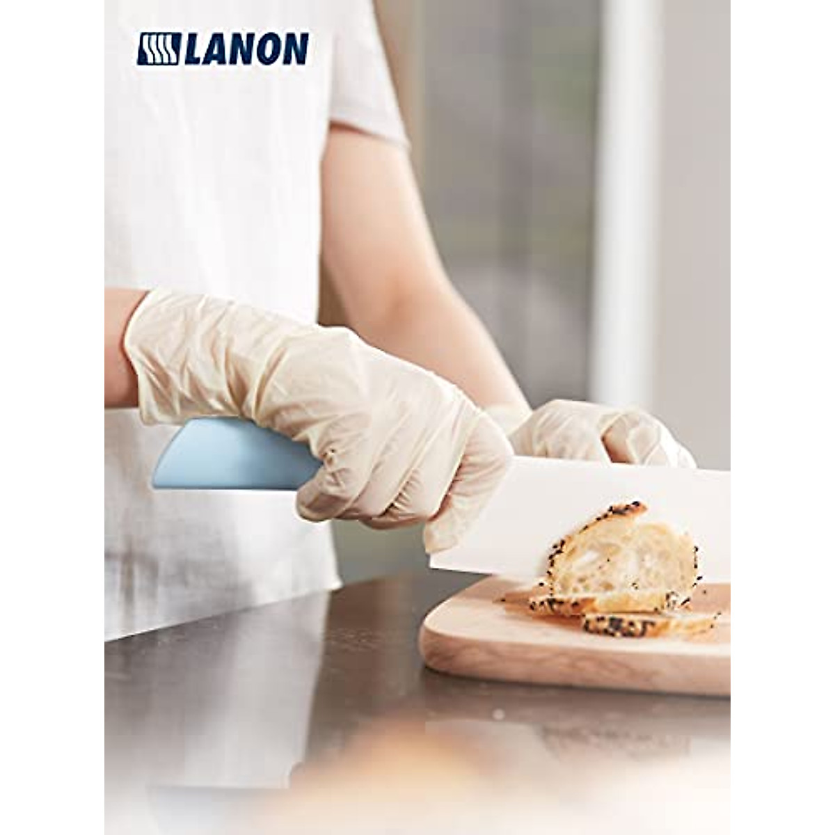 LANON 5 mil Latex Disposable Gloves, Food-Contact Grade, Powder-Free, Fully Textured, White, Medium