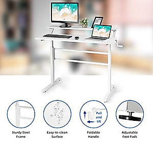 Tangkula Standing Desk, 2-Tier Height Adjustable Sit to Standing Desk, Computer Desk Workstation with Monitor Stand & Foldable Crank Handle, Ergonomic Home Office Desk (White)