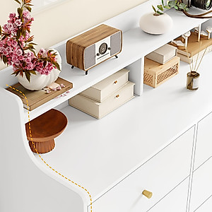 finetones 6 Drawer Dresser, White Dresser Double Dresser with Shelves, White and Gold Dresser, Wide Chest of Drawers, Dressers & Chests of Drawers, Large Wooden Storage White Dresser for Living Room