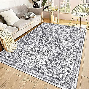 Vaukki Living Room Rug, Vintage Shaggy Soft Laundry Rug, Non Slip Kitchen Area Mat, Washable Farmhouse Bedroom Area Carpet for Bathroom, Kitchen and Kidsroom(4'x6', Grey)