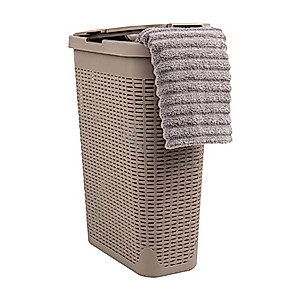 Mind Reader Basket Collection, Slim Laundry Hamper, 40 Liter (15kg/33lbs) Capacity, Cut Out Handles, Attached Hinged Lid, Ventilated, 10.4"L x 18"W x 23.5"H, Tan