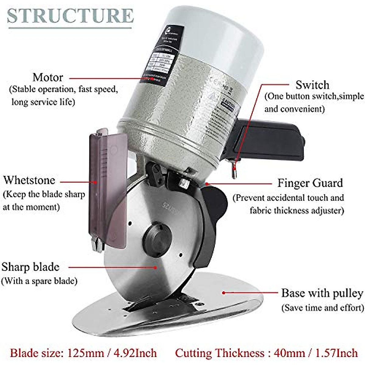 CGOLDENWALL YJ-125A Octagonal Electric Fabric Cutter Cloth Cutting Machine Electric Scissors for Cloth Textiles Paper Leather Rubber and Carpet With Sharpening Device & Blade Diameter 125mm 110V