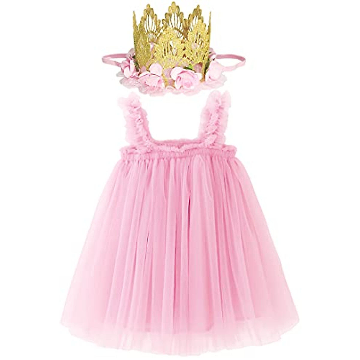 BGFKS Layered Tulle Tutu Dress for Toddler Girls,Baby Girl Tutu Princess Skirt Set with Lace Rose Flower Crown.(Pink,12 Months)