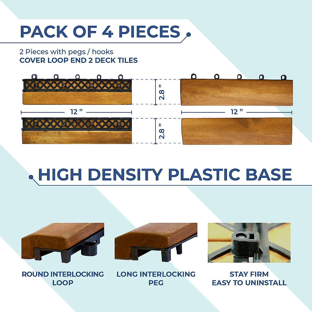 CLOVERHOLM 4Pcs Loop Ends Side Trim, 12 Inch Length Interlocking Deck Tile Edges, Outdoor Patio Flooring, Wooden Balcony Floor, Sturdy and Enduring Acacia Wood, Natural