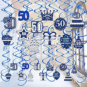 36Pcs 50th Birthday Decorations Hanging Swirls Party Supplies for Men, Happy 50 Year Old Birthday Party Ceiling Hanging Foil Swirl Decor, Blue Silver Fifty Birthday Hanging Sign