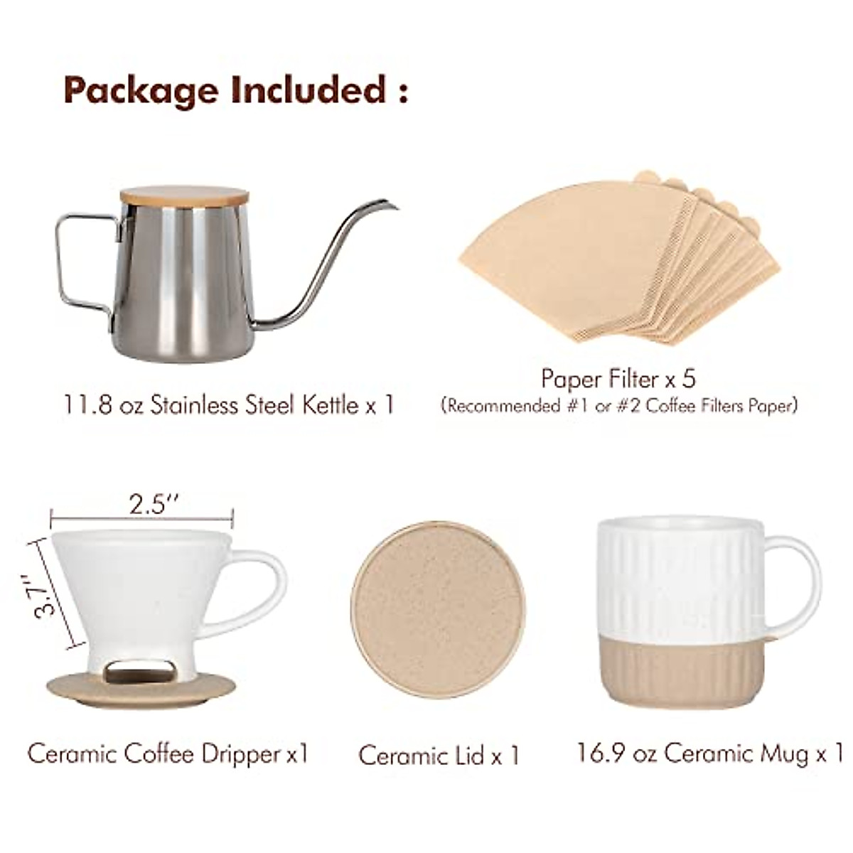 AELS Pour Over Coffee Maker Gift Set, Includes Ceramic Coffee Dripper Brewer & Coffee Mug with Lid, Stainless Steel Gooseneck Kettle & 5pcs Coffee Filter, Manual Single Cup Coffee Maker, Gift Idea