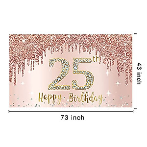 Happy 25th Birthday Banner Backdrop Decorations for Women, Rose Gold 25 Birthday Party Sign Supplies, Pink 25 Year Old Birthday Poster Background Photo Booth Props Decor