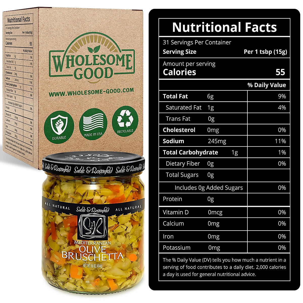 Mediterranean Olive Bruschetta - Gluten-Free Green Olive Sandwich Spread with Olive Oil for Muffuletta, Sandwiches, Dips, Crackers, Salads, & Appetizers, Kosher - Sable & Rosenfeld - 16 Oz (Pack 1)